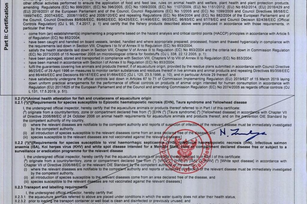 Image shows part of health certificate